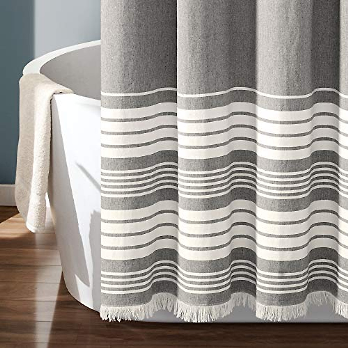Lush Decor, Gray Nantucket Yarn Dyed Cotton Tassel Fringe Shower Curtain, 72" x 72"