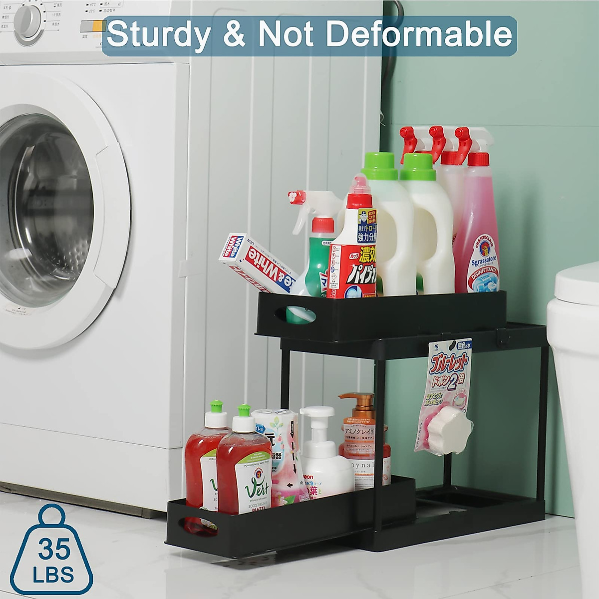 YumKubis Under Sink Organizers and Storage, 2 Tier Sliding Bathroom Cabinet Organizer, Pull Out Under Sink Storage, Black Bathroom Counter Organizer with Drawers & 4 Hooks for Kitchen, Bathroom