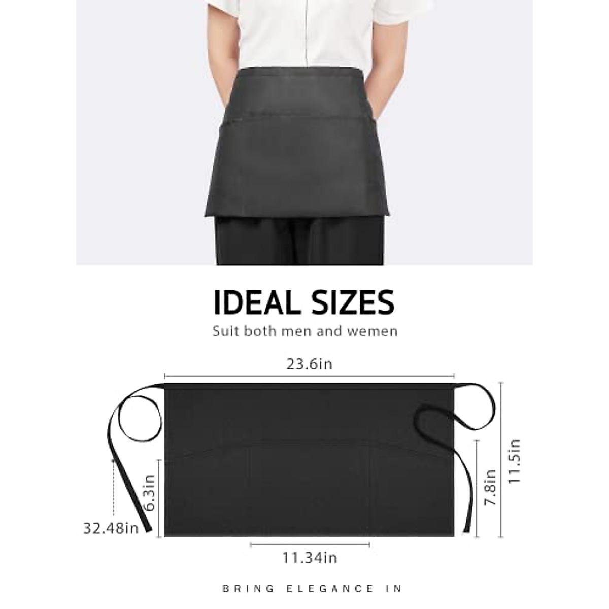 Syntus 3 Pack Server Aprons with 3 Pockets, Waterdrop Resistant Waitress Waiter Waist Apron, 11.5-inch Black