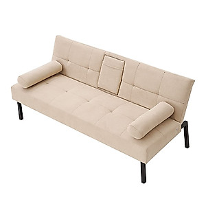 Panana Convertible Sofa Bed, Small Couch Sleeper Linen Upholstered Home Recliner Reclinening Daybed Guest Bed Couch for Living Room Apartment Dorm Bonus Room (with Drinks Holder, Beige)