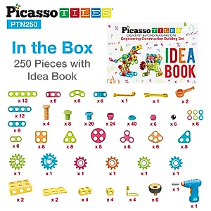 PicassoTiles STEM Learning Toys 250 Piece Building Block Kids Construction Engineering Kit Toy Blocks Children Early Education Playset w/Free IdeaBook, Power Drill, Clickable Ratchet, Age 3+ PTN250