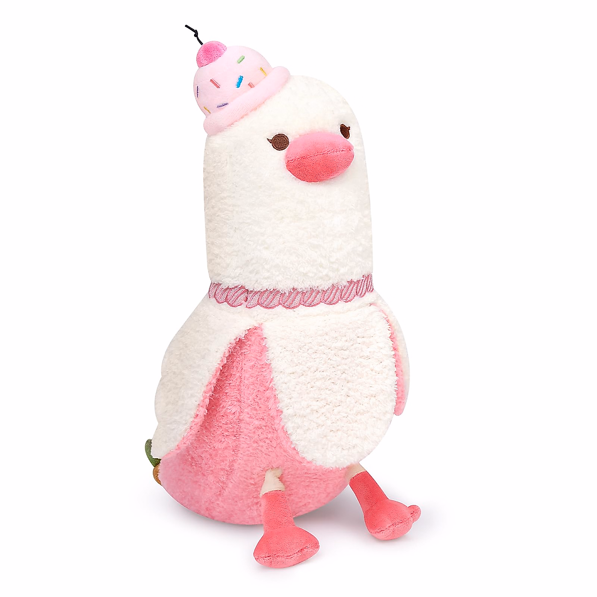PEACH CAT Banana Duck Plush Pillow with Cherry Cake Hat Banana Duck Stuffed Animal Gift for Girls Boys White and Pink 12"