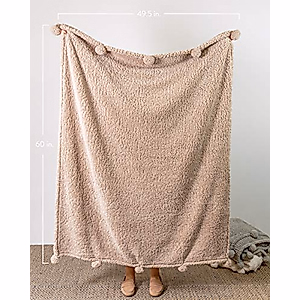 Premium Pom Pom Throw Blanket - Tan Throw Blanket, Plush Blanket, Soft Throw Blanket, Super Soft Blanket | Fall Throw Blanket for Couch, Fleece Blanket, Fleece Throw Blanket, 60” X 49.5”
