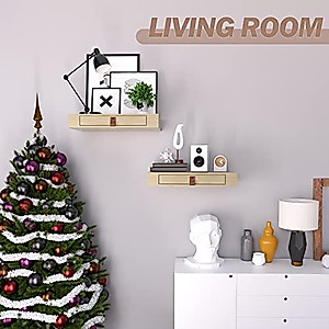 Floating Shelf with Drawer, Floating Nightstand for Bedroom - 16” Wall Mounted Shelf Storage for Living Room, Bedroom, Office Floating Bedside Table (Natural)