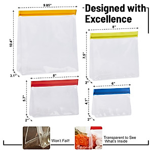 Airtight Reusable Food Storage Bags 14 Pack Clear StandUp BPAFree Reusable Ziplock Bags with a Leakproof Double Zipper Includes Gallon, Sandwich, Snack, and Quart Sizes Set of 14 Storage