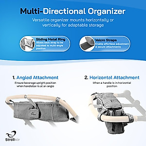 StrollAir Universal Double Stroller Organizer, Insulated Cup Holder Stroller Caddy for TWIN WAY Mountain Buggy Bumbleride Indie Twin Bob Duallie & Baby Jogger City Mini Stroller Accessories, Grey