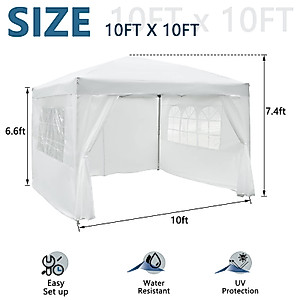 PHIKOOVA 10 x 10 ft Pop up Canopy Tent with 4 Sidewalls & 4 Sand Bags, Instant Folding Canopy Shelter with Elegant Church Window Outdoor Gazebo Easy Party Wedding Events Tent(White)