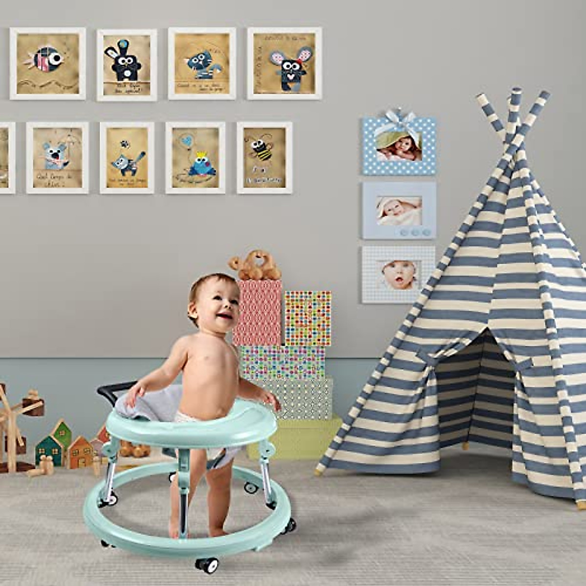 Baby Walker, Foldable 9-Gear Height Adjustable Baby Walker with Wheels, Infant Toddler Walker with Foot Pads, Baby Walkers and Activity Center, Baby Walkers for Baby Boys and Baby Girls 6-24 Months