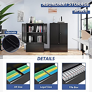 Anxxsu Lateral File Cabinet with Lock, Metal Storage Cabinet with Drawers, 52" Filing Cabinets for Home Office, Lockable Steel File Cabinet for Letter/Legal/A4 Size, Assembly Required, Black