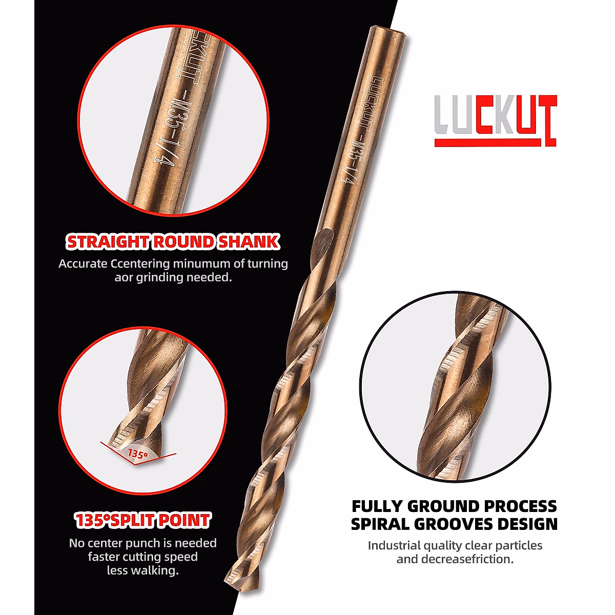 LUCKUT Cobalt Drill Bit Set- 13Pcs M35 High Speed Steel, Twist Jobber Length for Metal, Cast Iron and Wood Plastic with Metal Indexed Storage Case, 1/16"-1/4"