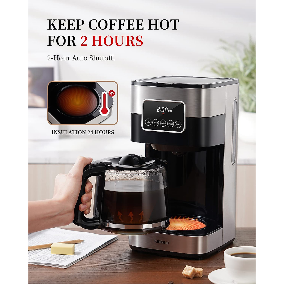 KIDISLE Programmable Drip Coffee Maker with Regular & Strong Brew, Warming Plate, 10 Cup Small Coffee Machine with Touch Screen, Glass Carafe and Reusable Filter for Home and Office, Stainless Steel
