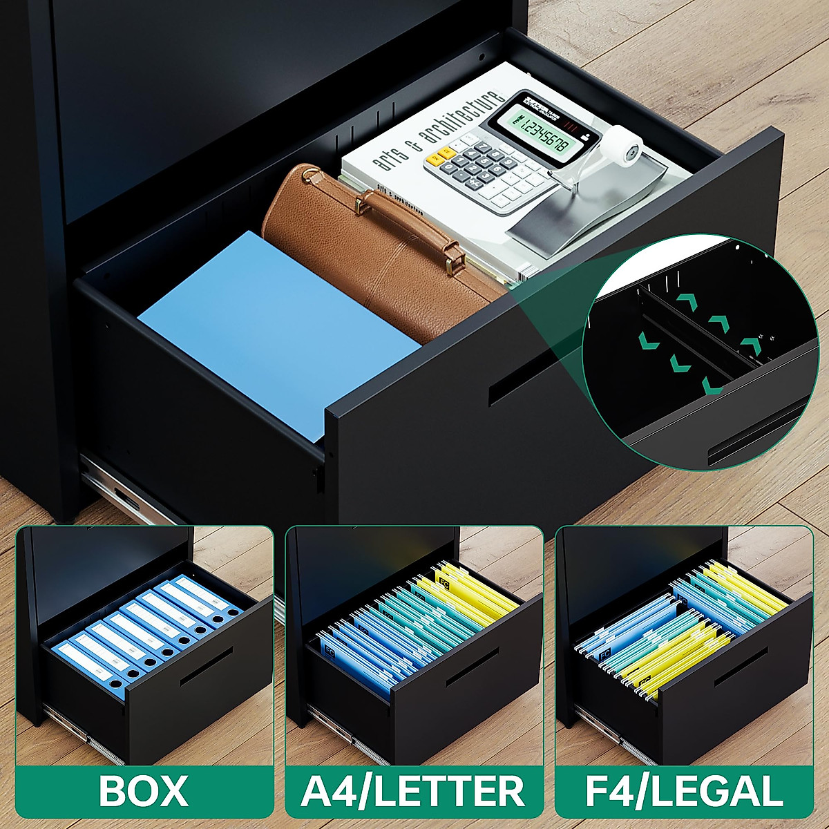 Letaya 2 Drawer Lateral File Cabinets with Lock,Metal Printer Stand Filing Organization Cabinets for Home Office,Hanging Files Letter/Legal/F4/A4 Size (Black)