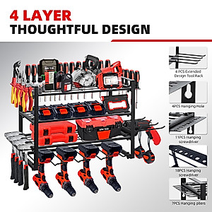 AKM TOOL Power Tool Organizer, 4 Layer Heavy Duty Drill Holder, Power Tool Organizer Wall Mount with 4 PCS Heavy Duty Steel Garage Hooks, Drill Holder Wall Mount for Garage Organization