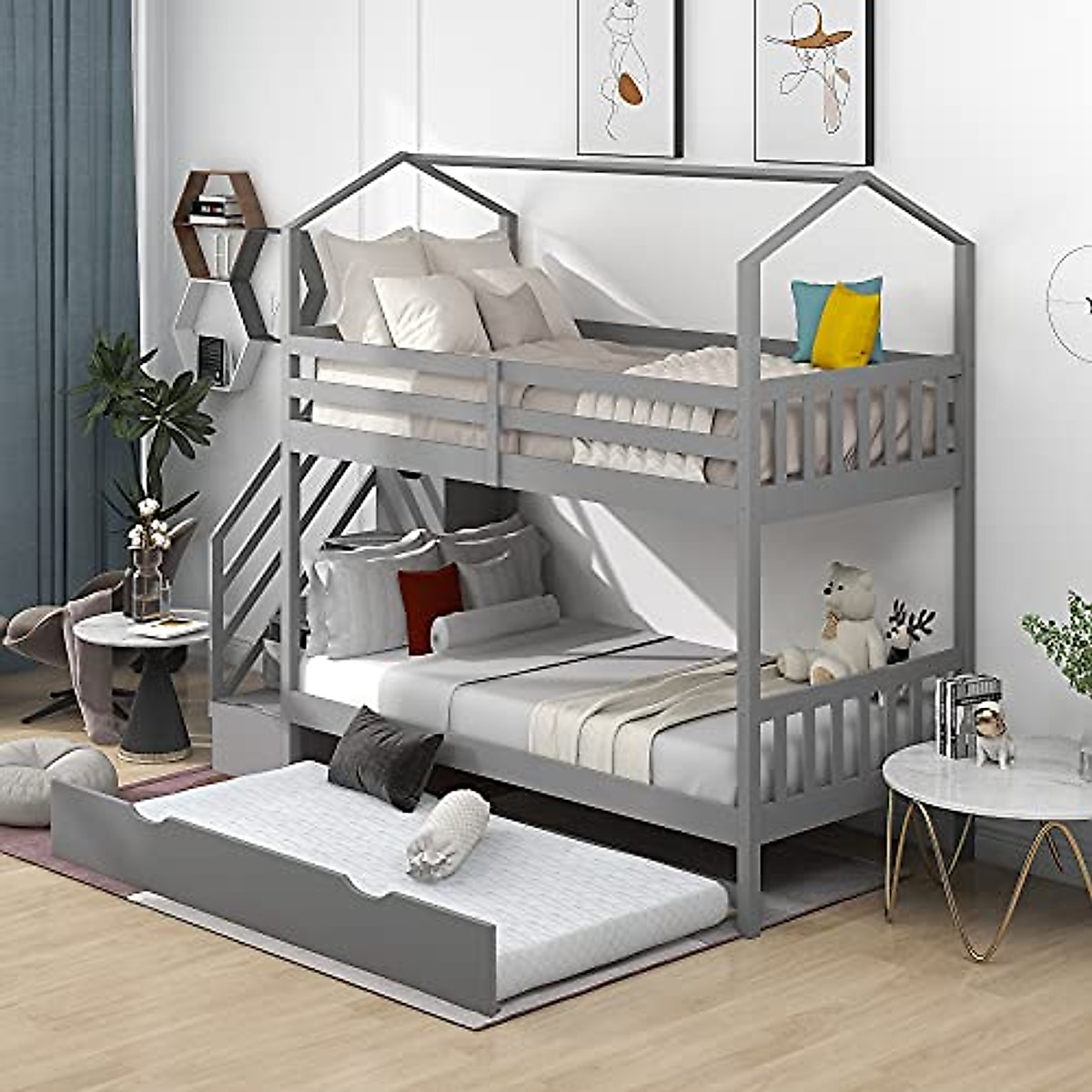 DEYOBED Twin Over Twin Wooden Bunk Bed with Storage Staircase for Kids and Teens