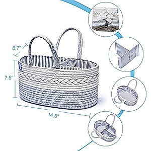 Clearworld Baby Diaper Caddy Organizer - 100% Cotton Rope Nursery Storage Bin for Changing Table and Car,Portable Diaper Caddy Basket for Boys and Girls (Grey)