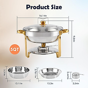 Gold Chafing Dish Buffet Set 5QT 4Packs, Stainless Steel Round Chafers with Glass Viewing Lid & Lid Holder, Buffet Servers and Warmers Set for Dinner, Parties, Wedding, Camping
