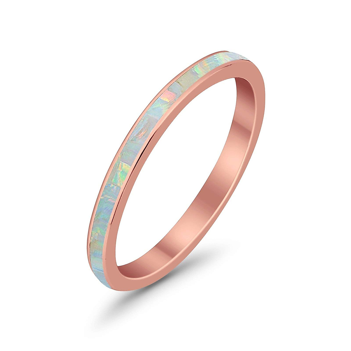 Blue Apple Co. 3mm Full Eternity Stackable Band Ring Rose Tone Lab Created White Opal 925 Sterling Silver Size-7
