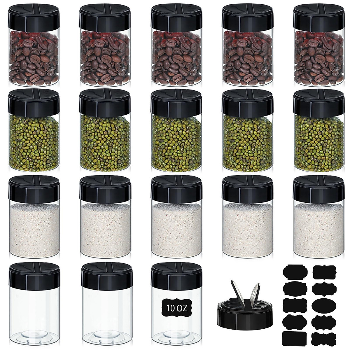 Uiifan 18 Pack 10 oz large plastic Spice Jars with Black Lids Clear and Safe Spice Bottles with Black PVC Labels Plastic Containers with Shaker Lids for Kitchen Storing Salt Herbs Seasoning Powders