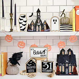 DAZONGE Halloween Decorations | 6PCS Halloween Tiered Tray Decor | Bat Coffin, Haunted House, Ghost, Witches, October 31 Sign, Bead Garland | Halloween Decor | Halloween Centerpiece for Table Shelf