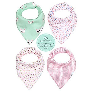 REVERSIBLE & WATERPROOF Cotton Baby Bandana Drool Bibs for Girls with Adjustable Snaps, Pack of 4, Soft Absorbent Cute Modern Premium Bib Set for Teething Drooling (Pink)