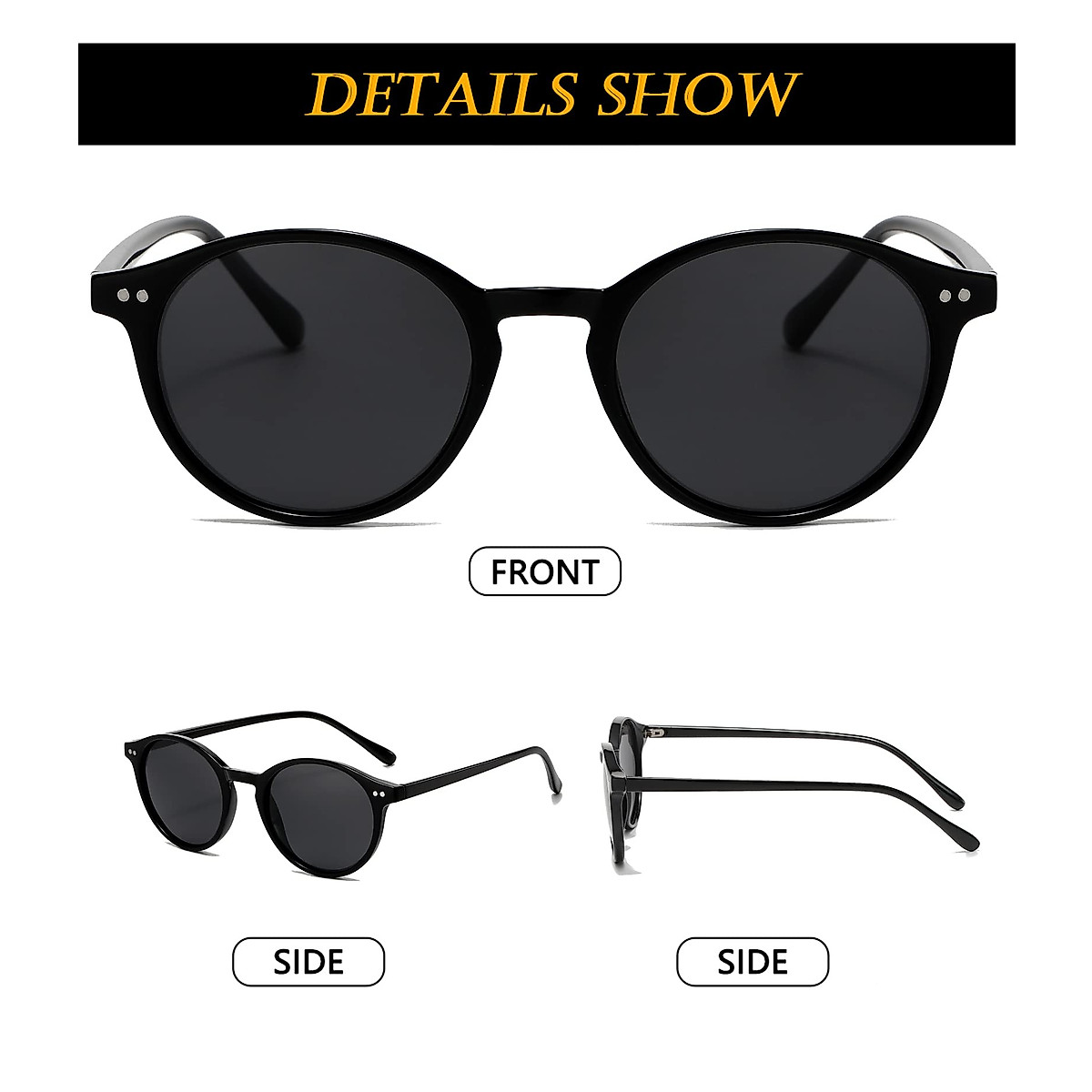 EYLRIM Classic Polarized Round Sunglasses for Women Men Vintage Style Lightweight Circle Frame Sun Glasses(Bright Black/Grey)