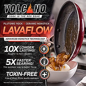 Red Volcano Textured Ceramic Nonstick, 14 Piece Cookware Pots and Pans Set with Stainless Steel Handles, PFAS PFOA & PTFE Free, Dishwasher Safe, Oven & Broiler Safe to 600 Degrees, Red