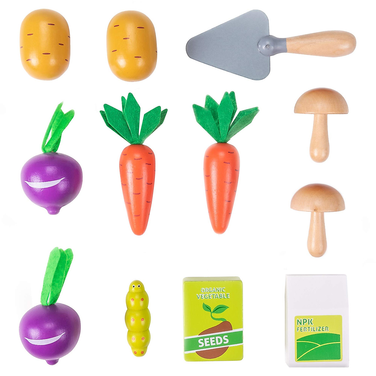 My Little Garden | Growing Vegetables Wooden Playset Activity for Children | Includes Carrots, Beets, Potatoes, Mushrooms, Trowel, Seeds, Fertilizer, Caterpillar (13 pcs.) | Early Learning Toy
