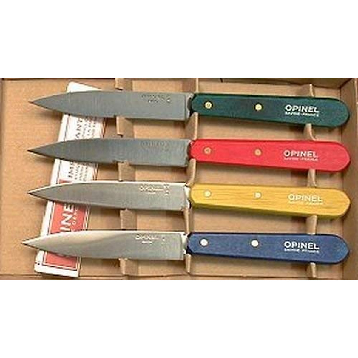 Opinel No. 112 Paring Knives Box Set, 4 Piece Paring Knife Set, High Carbon Steel for Chopping, Peeling, Slicing, Trimming, Painted Hornbeam Handles, Made in France (Classic), One Size, (001233)