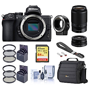 Nikon Z 50 DX-Format Mirrorless Camera with 16-50mm and 50-250mm VR Lens, Essential Bundle with FTZ Mount Adapter, Case, Filter Kits, 64GB SD Card, Wrist Strap, Cleaning Kit