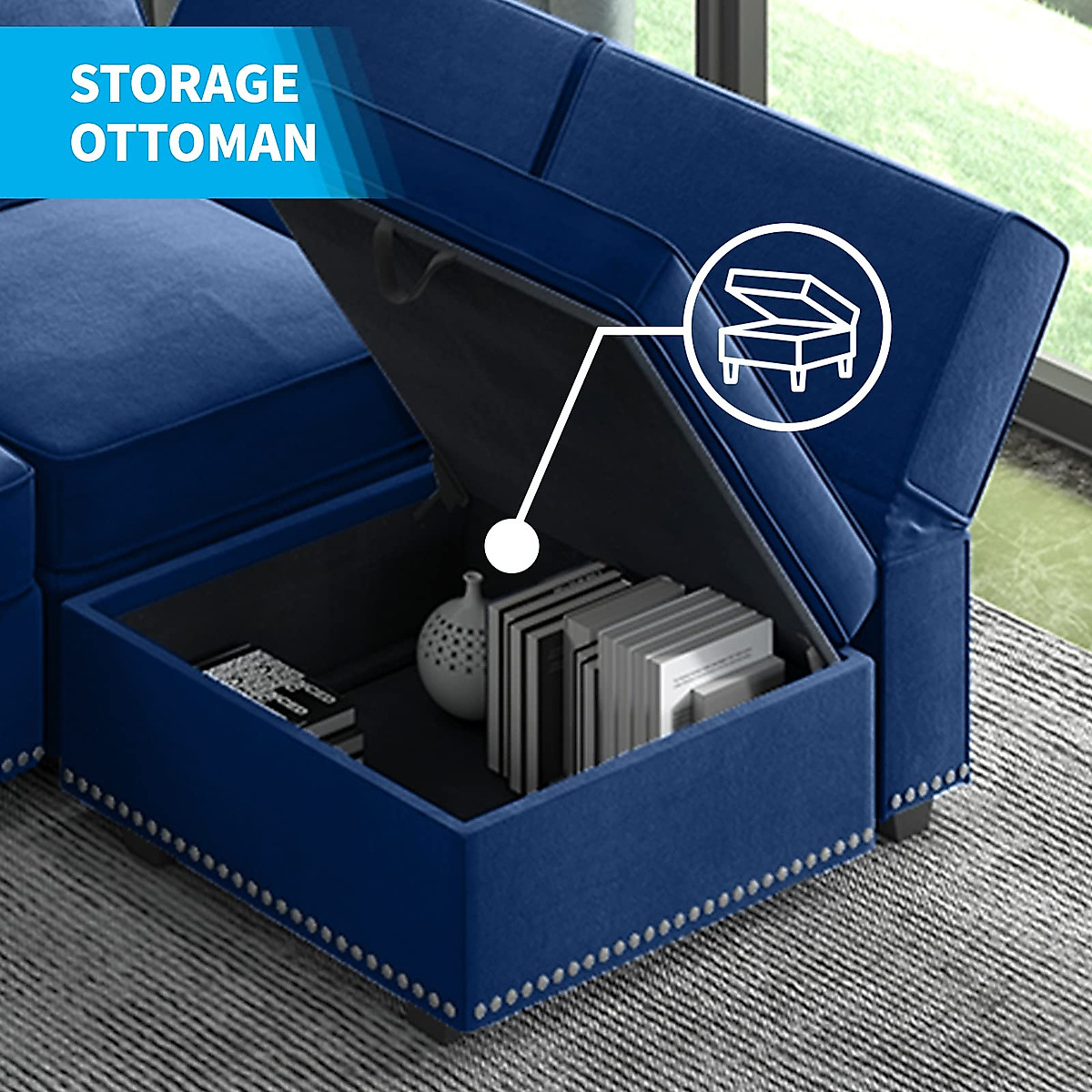 Horgaeo Reversible Sleeper Sectional Sofa, Modular U Shaped Couch with Storage Ottoman, Angle-Adjustable Armrest Velvet Fabric Sofa with Convertible Chaise for Living Room, Apartment, Studio (Blue)