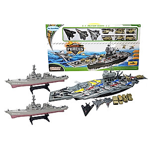 33 Inch Aircraft Carrier Toy with Soldiers Military Vehicles (18 Fighter Jets + 2 Destroyer Ship Combo)