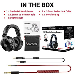 Boytone BT-10BK Wired Over Ear Headphones Hi-Res Studio Monitor & Mixing DJ Stereo Headsets with 50mm Drivers and 1/4 to 3.5mm Audio Jack, Foldable for Computer Recording Phone Guitar Laptop – Black