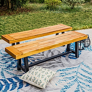 PHI VILLA Outdoor Acacia Wood Bench, 2 Piece 63" Long Patio Dining Picnic Bench for 6 People, Backless Oil Finished Teak Bench Supports 550lbs, Classic Brown and Black