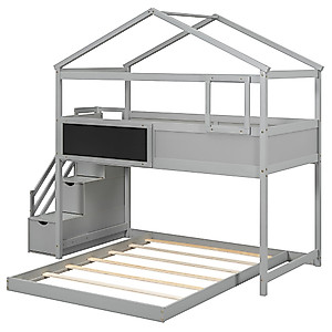 MERITLINE Bunk Bed Twin Over Full with Storage Staircase and Blackboard,Wooden House Bunk Beds Frame for Kids, Boys,Girls, No Box Spring Needed(Gray)