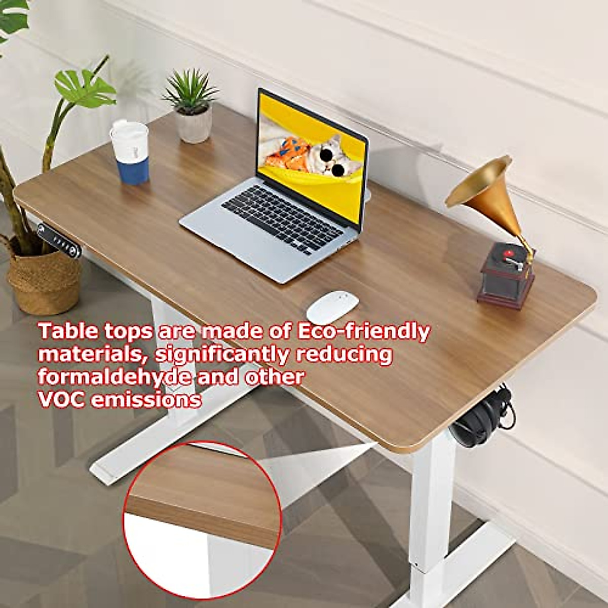 SIHANM Standing Desk Adjustable Height, 55in Rising Desks for Home Office with 2 USB Ports & 3 Power Outlets, and 6.5 ft Power Cord, Sit to Stand Desk with Double Crossbeam Structure, Walnut