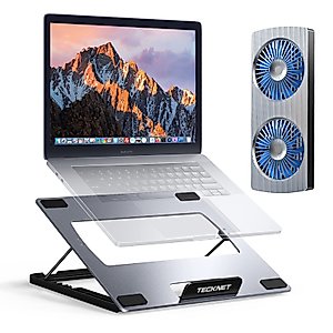 TECKNET Laptop Stand With Cooling Pad, Adjustable Aluminum Computer Stand, Portable Ultra-Slim Quiet Laptop Cooler with 2 Separable Powerful Laptop Fans, for Business Office Laptops Within 15.6 Inches
