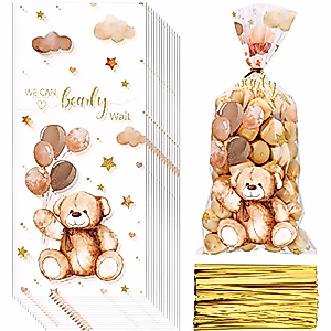 Maitys 100 Pieces Bear Treats Bags Baby Shower Party Treats Cellophane Bags Plastic Goodie Candy Bags with 100 Gold Twist Ties Back to School Baby Shower Bags for Boys Baby Shower Favors(Cute Style)