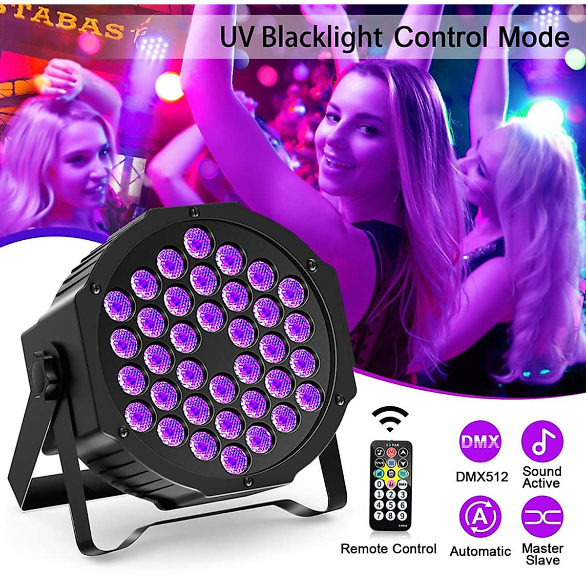 Black Lights U`King 72W UV LED Blacklight Uplights Par Lights Stage Lights by DMX and Remote Control for Disco Stage Lighting Wedding Birthday Party (4 Packs)