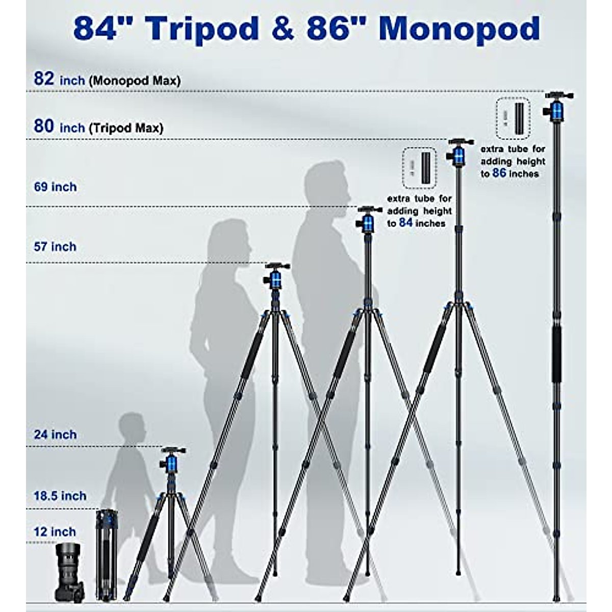 Camera Tripod, 80/84 inches Heavy Duty Tripod for Camera and Phone, 82" Camera Monopod Tripod, DSLR Binoculars Spotting Scope Camcorders Video Tripod Stand, 360 Degree Ball Head, 35 lbs Loads