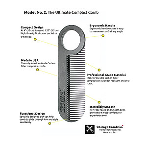 Chicago Comb Model 2 Carbon Fiber, Made in USA, Anti-static, 4 inches (10 cm) long, Fine-tooth, Pocket & Travel comb, for Thinner Hair, Beard & Mustache comb