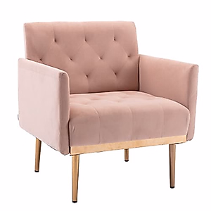 SZLIZCCC Square Velvet Accent Chair, Golden Metal Leg Single Sofa, Living Room, Bedroom, Coffee, Reception (Pink)