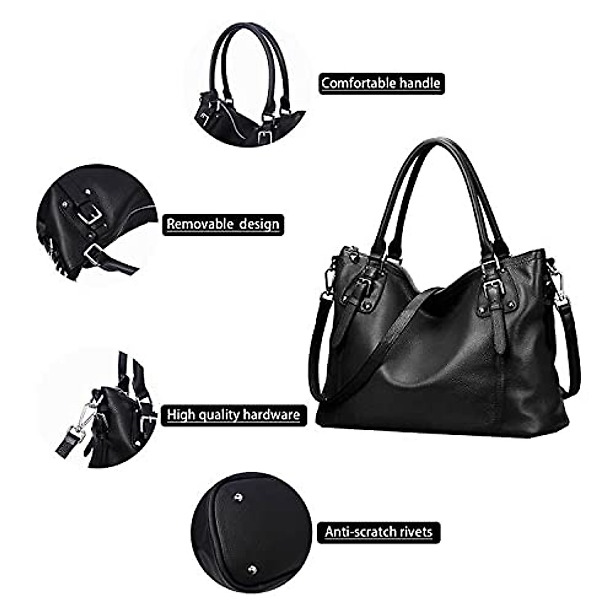 HESHE Women’s Leather Purses and Handbags Shoulder Bag Tote Top Handle Bags Designer Cross Body Satchel (Black-R024)