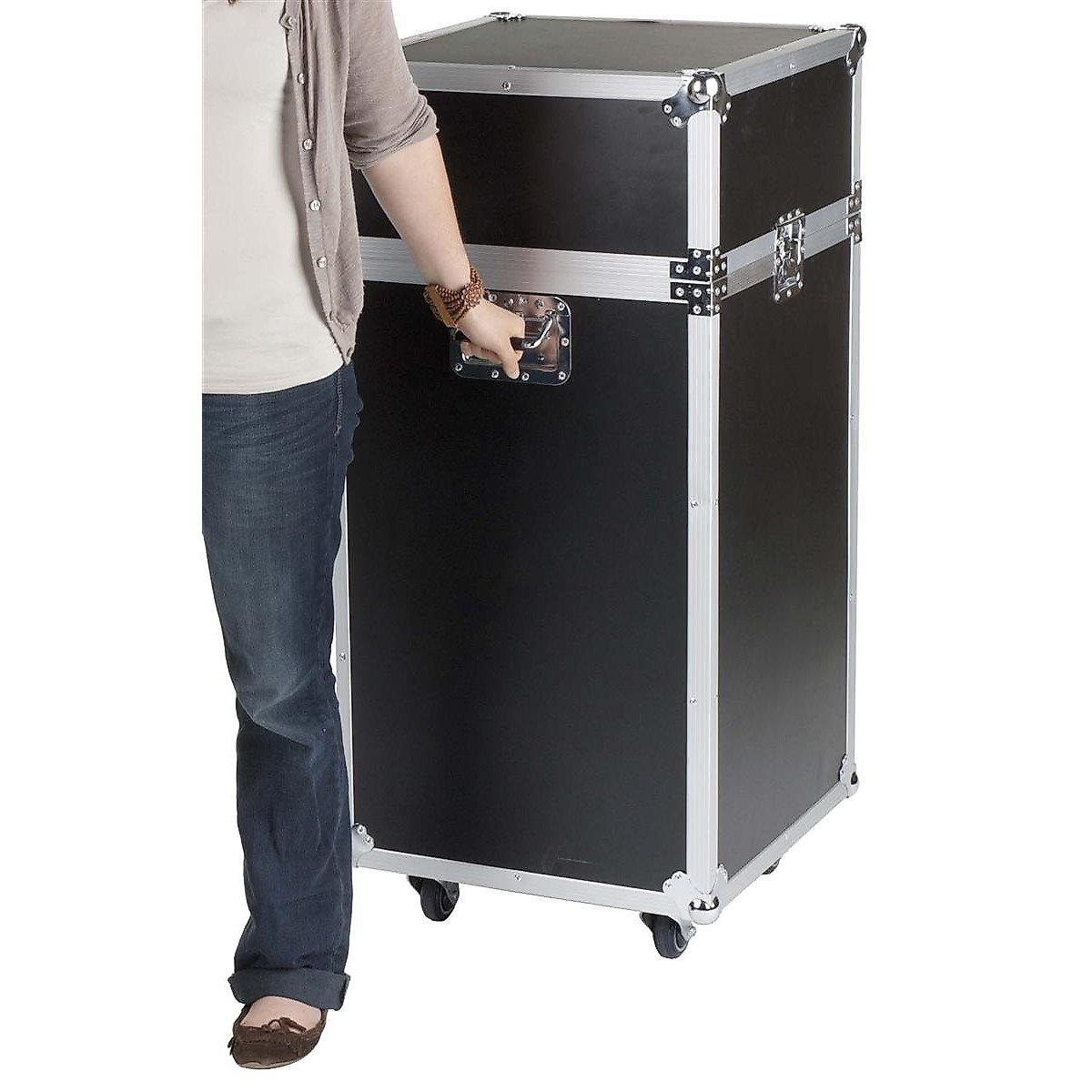 Displays2go Tower Showcase with LED Lighting, Aluminum, Tempered Glass, 5 Shelves – Black Finish (2TCASEBLKS)