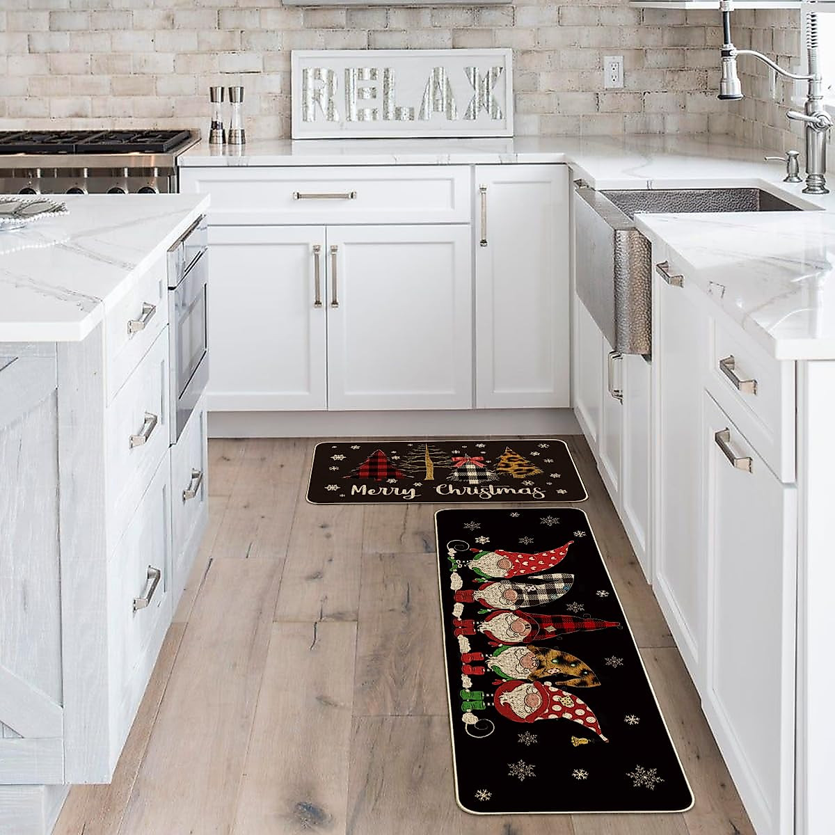 Artoid Mode Buffalo Plaid Tree Gnomes Black Christmas Kitchen Rugs Set of 2, Winter Low-Profile Floor Mat Merry Home Decora for Floor - 17x29 and 17x47 Inch
