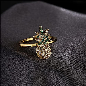 Cute Pineapple Cubic Zirconia Statement Rings for Women Girls Teen Thin Band Stacking Finger Expandable Open Adjustable Size Gold Plated Elegant Sparkly Dainty Fashion Fruit Jewelry Wedding Promise