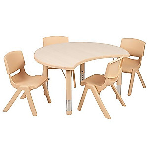 EMMA + OLIVER 25.125" W x 35.5" L Crescent Natural Plastic Adjustable Kids Table Set - 4 Chairs