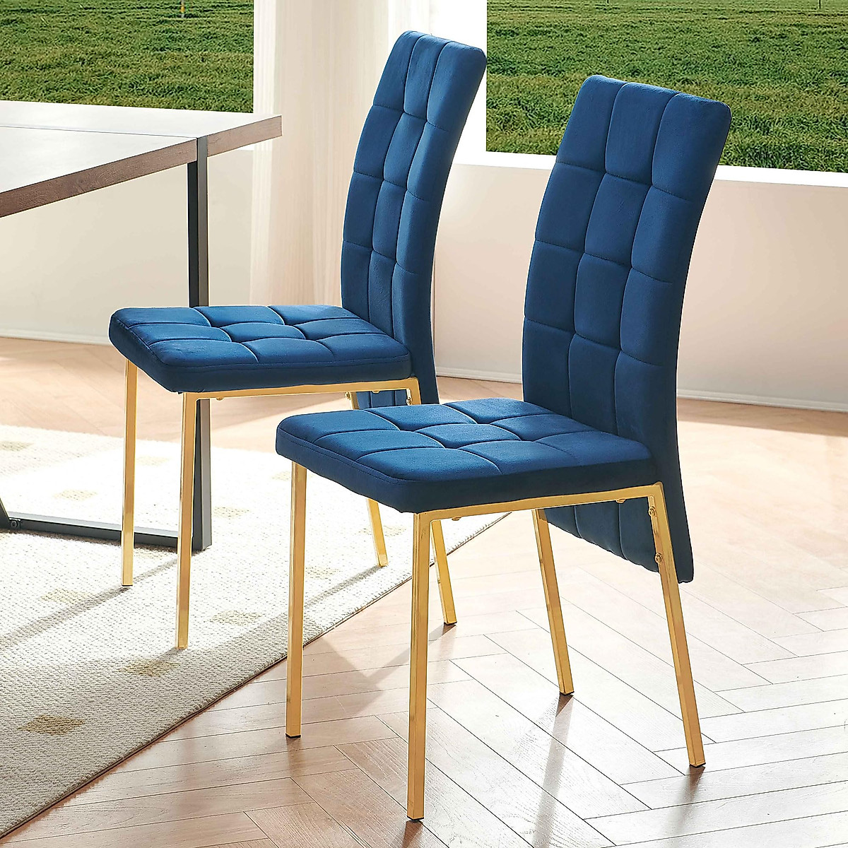 NORDICANA Upholstered Velvet Dining Chairs Classic Kitchen High Back Chairs Set of 4, Featured Dovetail Tufted Side Chairs, Golden Color Metal Legs, Navy Blue