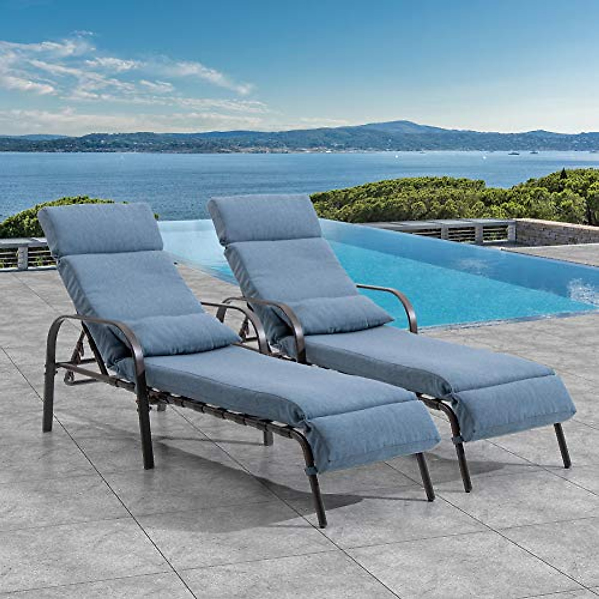 Crestlive Products 2PCS Chaise Lounge Chair with Soft Cushion & Pillow, Five-Position Adjustable Outdoor Recliner, All Weather for Patio, Beach, Yard, Pool (2PCS Dark Blue)