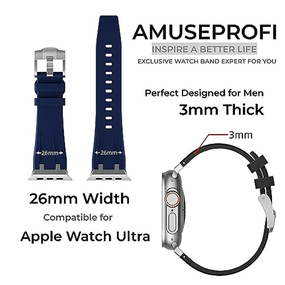 AMUSEPROFI Men's Silicone Watch Band, 49mm Ultra, 45mm Ultra 2, 42mm Series 9, 8, 7, 6, 5, 4, 3, 2, 1 - Multiple Colors Available