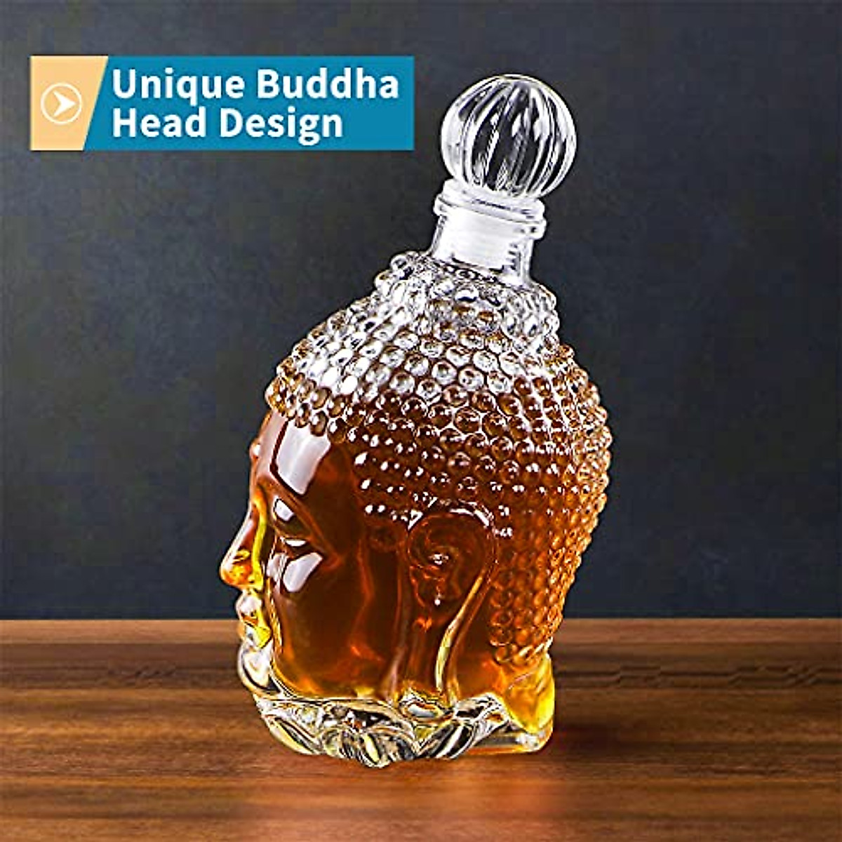 MOLIGOU Glass Decanter with Airtight Stopper, Liquor Decanter with Unique Buddha Shaped Design, Decanter Bottle for Whiskey, Brandy, Vodka, 25oz/750ml